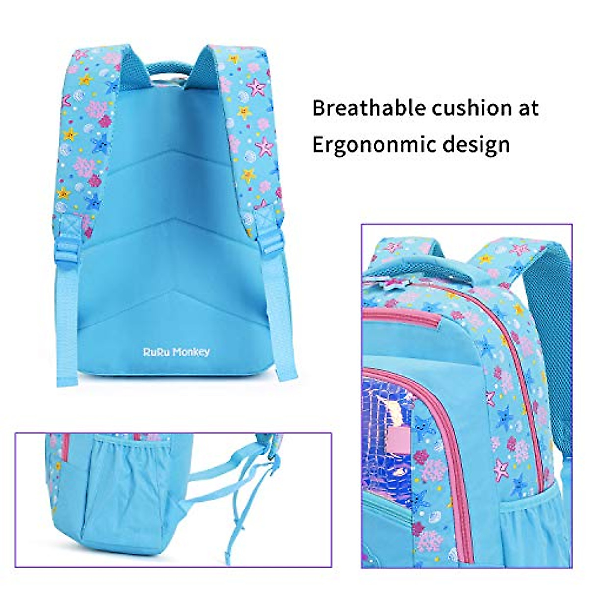 RuRu monkey Kids Backpack for Girls - Perfect for Kindergarten, Preschool & Lower Elementary Students (Ages 4-10) - Mermaid Kids Bookbag - Medium (16.5" Tall)