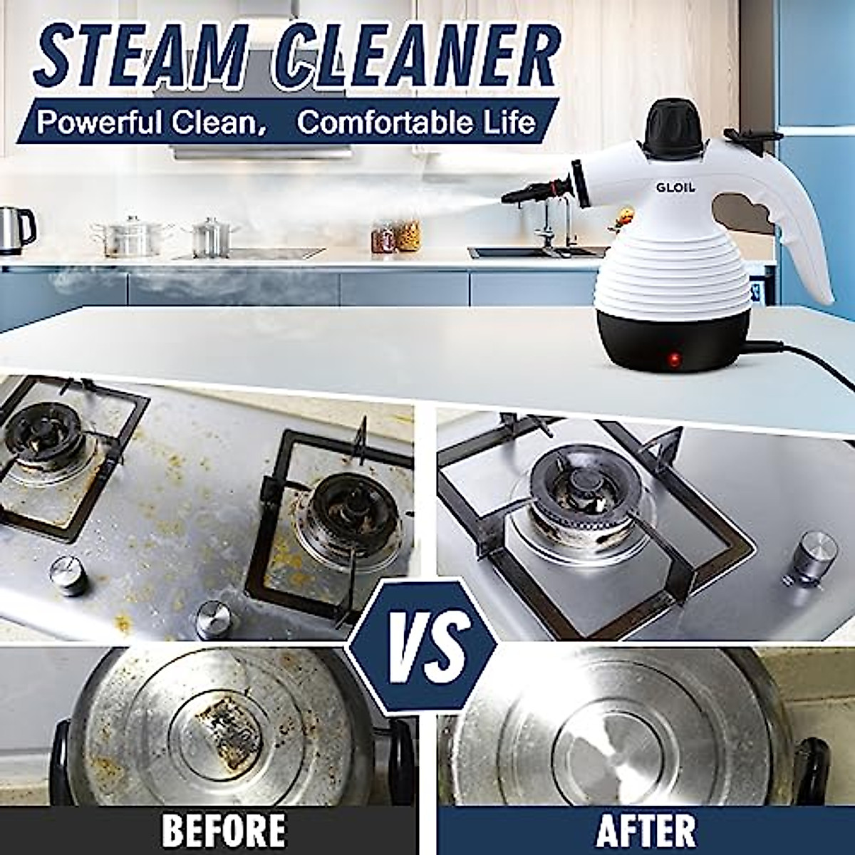 GLOIL Handheld Steam Cleaner, Steamer for Cleaning, Multipurpose Portable Steam Cleaners for Home Use with Safety Lock and 10 Accessory Kit to Remove Grime, Grease, and More, Save Time and Effort