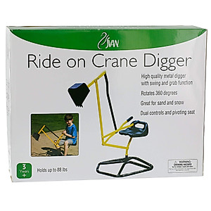 Ride on Crane Digger w Stabilizing Base- Kids Outdoor Digging Excavator Play Toy or Xmas Gift- Swing & Scooper Grab Function, Rotation Seat Goes 360 Degrees Around- Use in Backyard Sandbox, Dirt, Snow