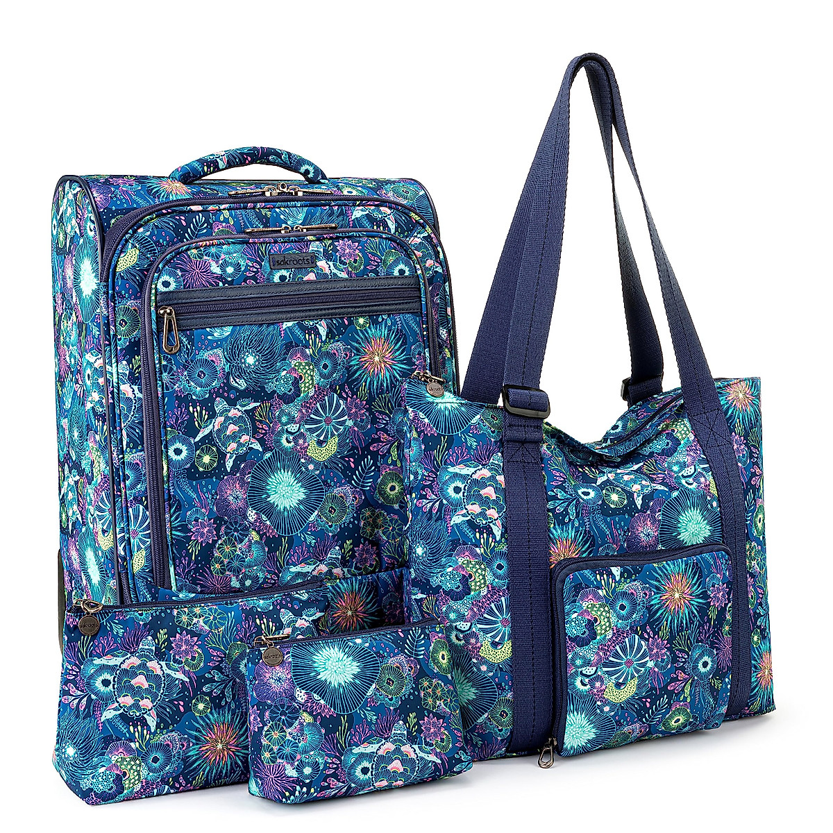 Sakroots On the Go 4 Piece Travel Bundle, Includes 21" Rolling Suitcase, Packable Large Tote, Medium & Small Pouches, Royal Blue Seascape
