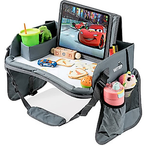 WITRIP Kids Travel Tray with Dry Erase Board, Travel Tray for Kids Car Seat, Carseat Table Trays for Toddler, Kid Activity Desk for Air Travel, No-Drop Tablet Holder & Borders (All Grey)
