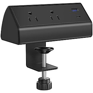 CCCEI Desk Power Strip with 18W USB C Fast Charge Port, Black 800J Surge Protector Clamp Desktop Outlet, Table Edge Mount Socket 6FT and Fit 1.6 inch Tabletop Edge Thick.