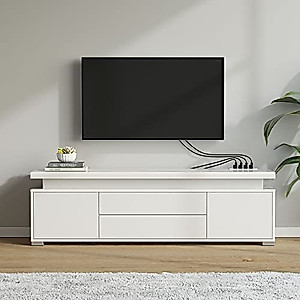 Rolanstar TV Stand with LED Lights & Power Outlet, Modern Entertainment Center for 32/43/50/55/65 Inchs TVs, TV Table, Universal Gaming LED TV Media stand with Storage Cabinet and Large Storage, White