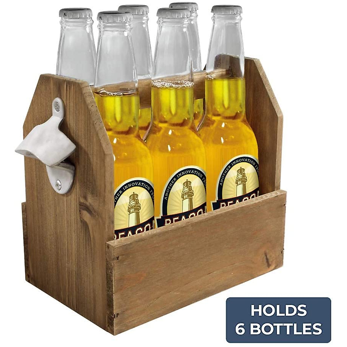 BIGTREE Handcraft Wooden Bottle Caddy with Built-In Metal Bottle Opener, 6-Pack Drinking Holder for Beer, Soda and Other Beverages
