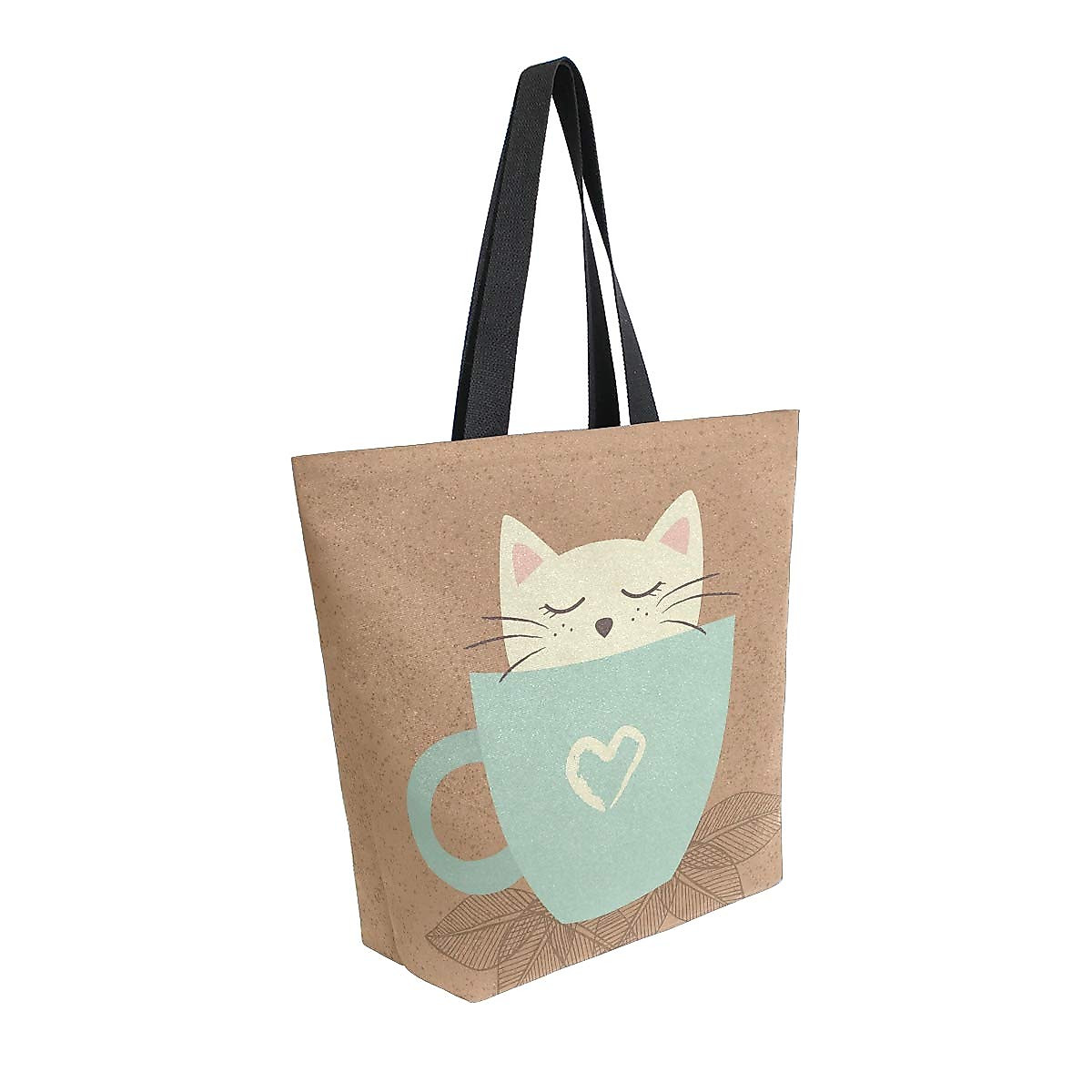 ALAZA Large Canvas Tote Bag Hello Fall Cute Cat Coffee Brown Shopping Shoulder Handbag with Small Zippered Pocket
