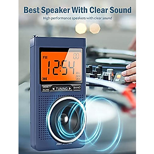 AM FM Portable Radio,Pocket Radio with Best Reception,Transistor Radio with Big Digital Screen, Sleep Timer,Stereo Earphone Jack, and Alarm Clock Operated by 2 AAA Batteries for Jogging, Walking(Blue)
