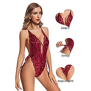 ADSEXY Lingerie for Women Sexy Naughty Teddy Floral See Through Bodysuit Deep V Neck Lace Mini Babydoll Chemise One Piece Red S