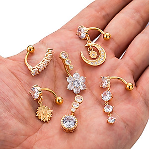 Masedy 9Pcs 14G Stainless Steel Dangle Belly Rings for Women Reverse Navel Rings Curved Barbell Body Piercing Jewelry Gold