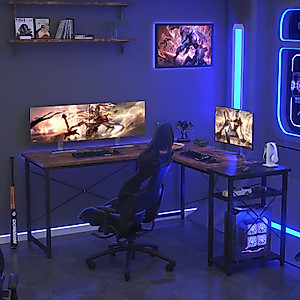 Ecoprsio L-Shaped Desk Large L Shaped Gaming Desk with Storage Shelves Industrial Corner Desk Writing Study Table for Home Office Gaming Workstation, Rustic Brown and Black