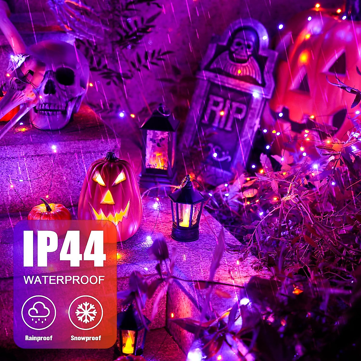 JMEXSUSS 66ft 200 LED Orange Purple Halloween Lights,2 Pack Solar Halloween String Lights, Outdoor Waterproof, 8 Modes Solar Fairy Lights for Garden Party Decorations