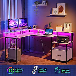 Rolanstar Computer Desk with Power Outlet & LED Strip and File Drawer, 68" Reversible L Shaped Computer Corner Desk with Printer Cabinet and Monitor Shelf, Modern Home Office Desk, Writing Desk,White