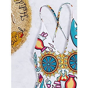 OYOANGLE Women's All Over Print Plunge Neck Cross Back High Cut Lace Up One Piece Swimsuit Multicolor Print L
