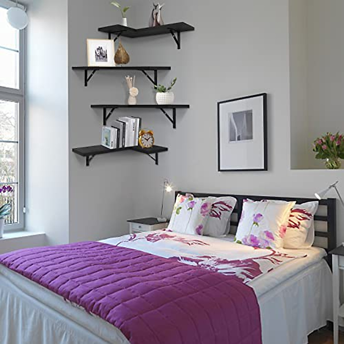 RayLove Corner Floating Shelves Wall Mounted Set of 4,Wood Corner Wall Shelves for Bedroom, Living Room, Bathroom, Kitchen, Office, BLACK001