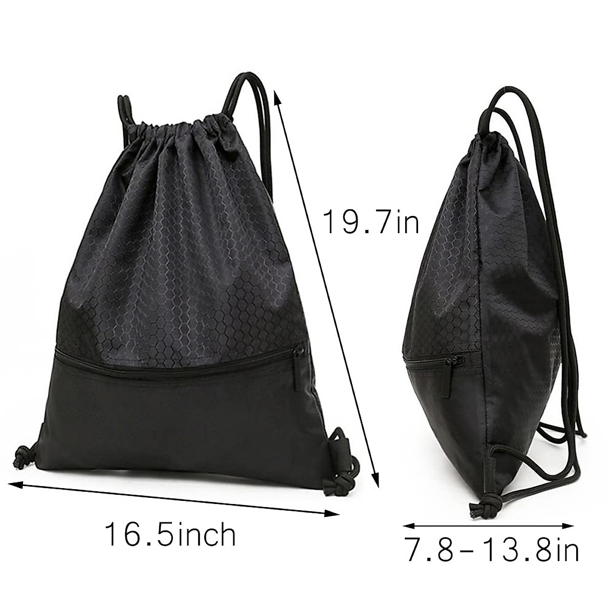 Drawstring Backpack Bag, Waterproof Draw String Back Sack with Zip Pocket, Gym Drawstring Bags Swim Bag for Men Women (Black, Upgraded) One Size