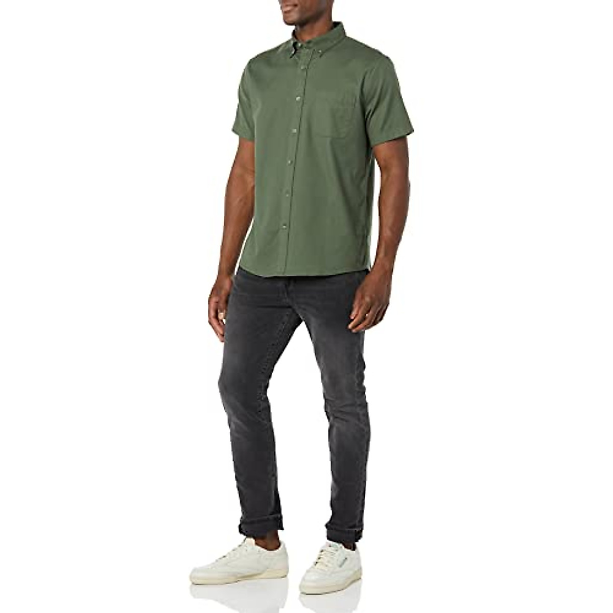 Goodthreads Men's Standard-Fit Short-Sleeve Stretch Oxford Shirt with Pocket, Dark Green, Medium