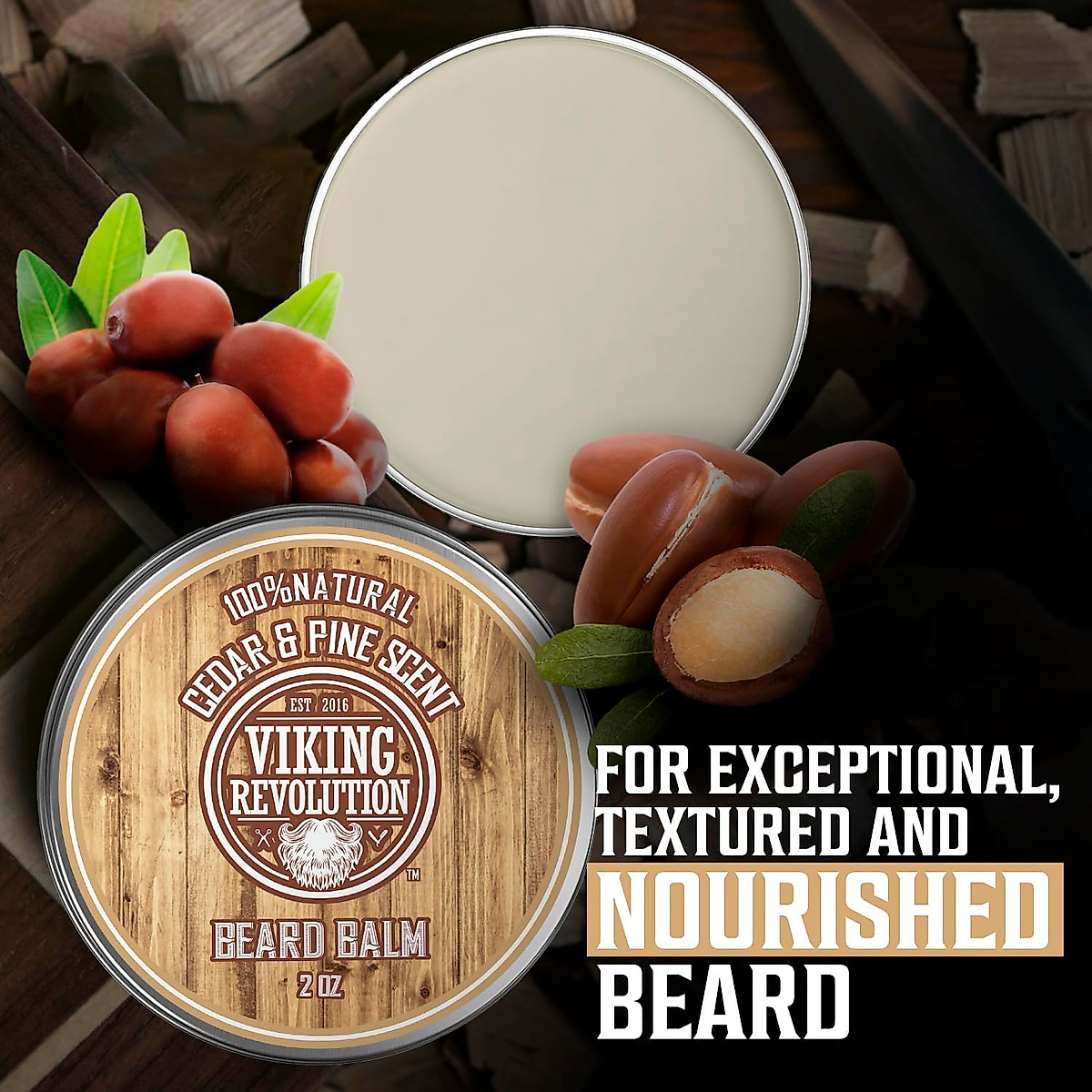 Viking Revolution Cedar and Pine Beard Balm - Beard Butter with Argan Oil, Beard Softener for Men with Jojoba Oil - Beard Moisturizer for Men with Beeswax - Beard Wax for Men (2oz, 1 Pack)