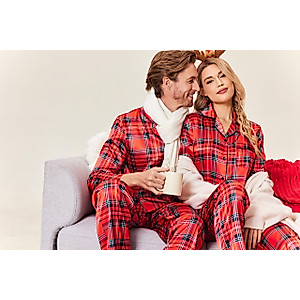 Ekouaer Matching Christmas Pajamas for Couples Silky Soft Sleepwear Winter Long Sleeve Button Up Two Piece Pjs,Christmas Red Plaid,M