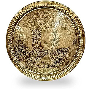 Craftsman 10 Inch Pure Brass Nakshi Flower Design Embossed Aarti Puja Nakashi Thali Platter Prasad Chandan Karwachauth Diwali Indian Festival Hindu Rituals Mandir Temple Pooja Plate