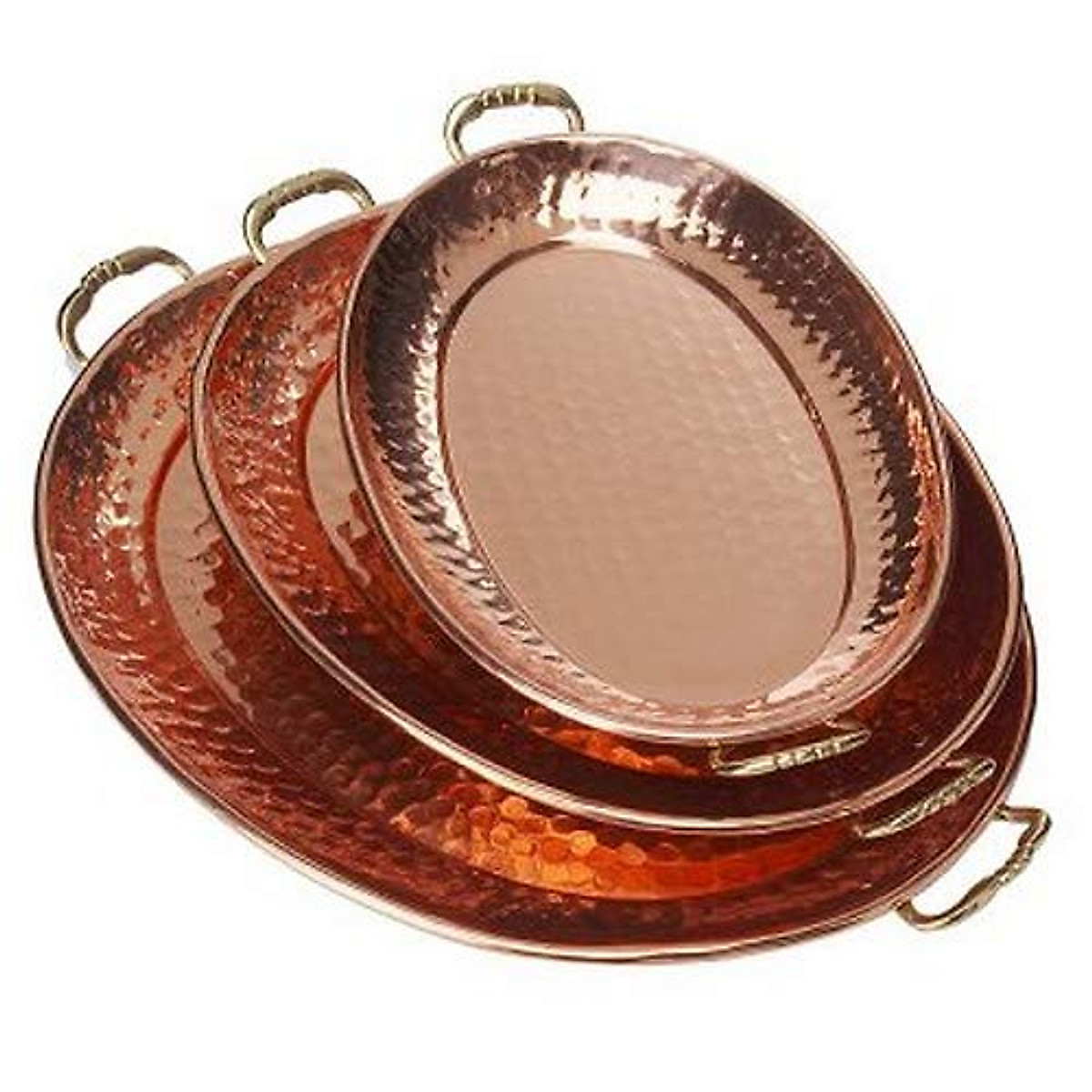 Old Dutch Hammered Copper Oval Trays with Cast Brass Handles, 17" x 13"/15" x 11"/131/4" x 83/4", Set of 3