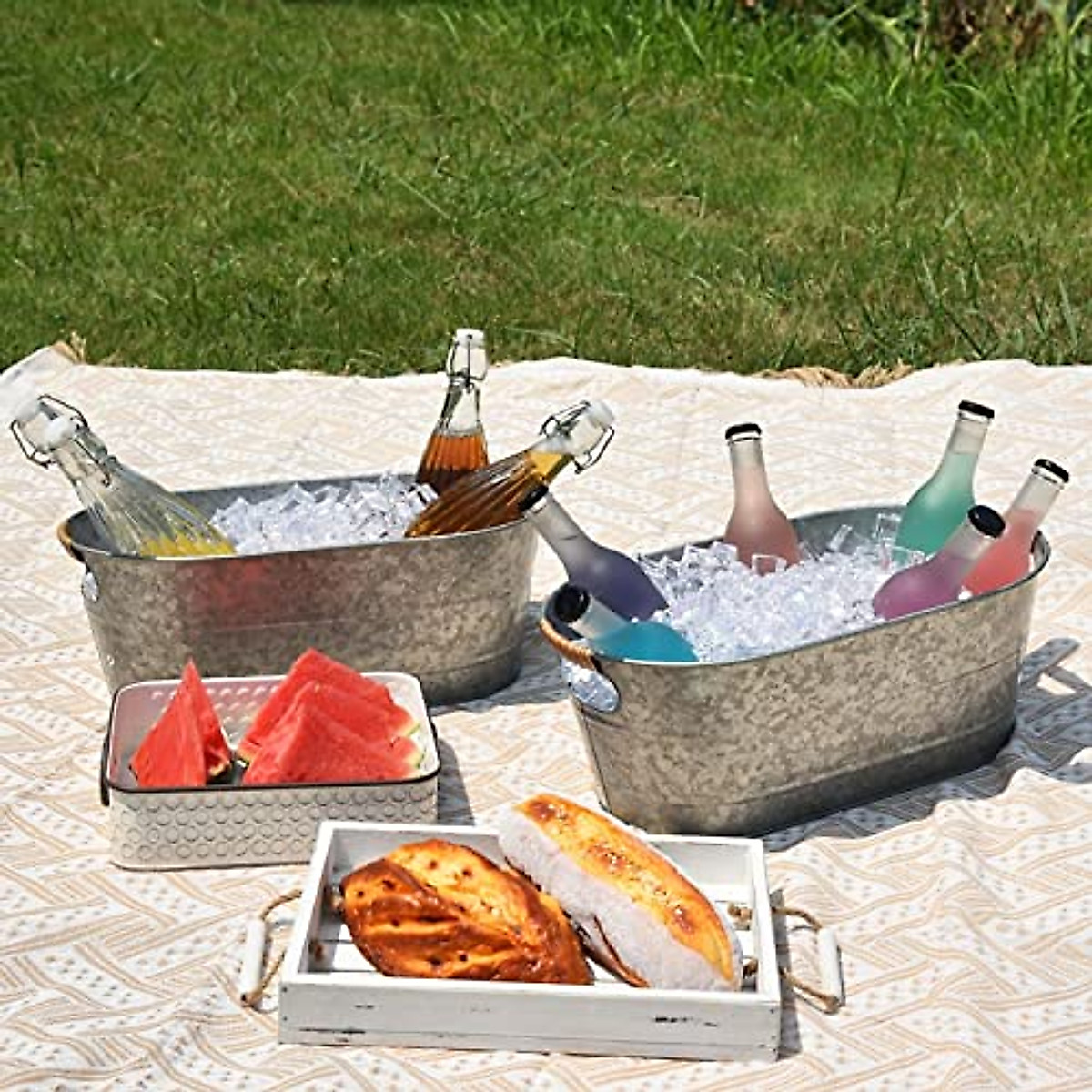 2 Pack Farmhouse Metal Galvanized Beverage Tub, Beer, Wine, Ice Holder - Ice Buckets for Parties,1.45 Gallons Rustic Vintage Storage Oval Bucket Bin - Galvanized/Cutout Handle with PE Rattan