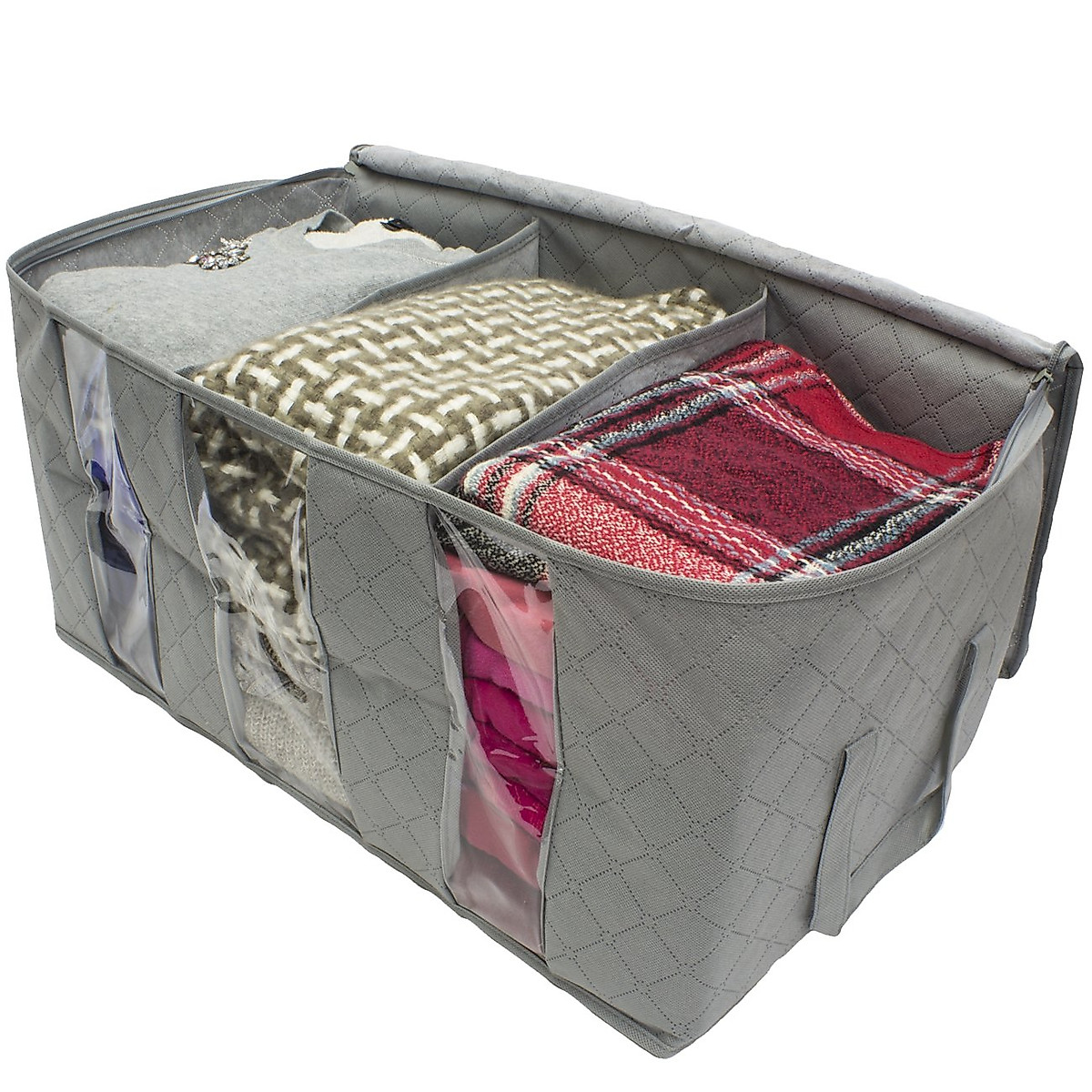 Sorbus Foldable Storage Bag Organizers, 3 Sections, Great for Clothes, Blankets, Closets, Bedrooms, and More, 2-Pack (Gray)