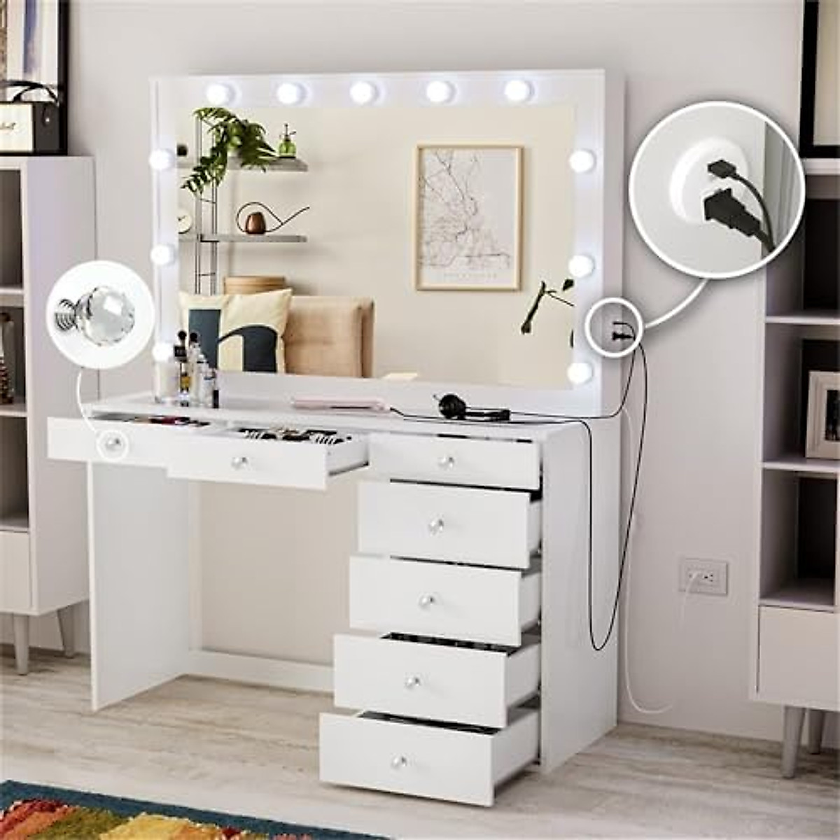 Boahaus Serena LARGE Makeup Vanity with Hollywood Lights Built-in, 7 Drawers, Hollywood Mirror, Hairdryer Hanger, Glass Top, Crystal Ball Knobs, White Vanity Makeup Desk for Bedroom, 58''Hx47''Wx17''D