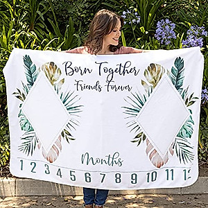 NovaaLife Twins Monthly Milestone Blanket with Boho Beads Frame & Proud Mom's Sticker - Unisex Twins Babies Essentials - 40 x 60 Large Flannel Blanket, Photography Backdrop Photo Prop for Boy & Girl