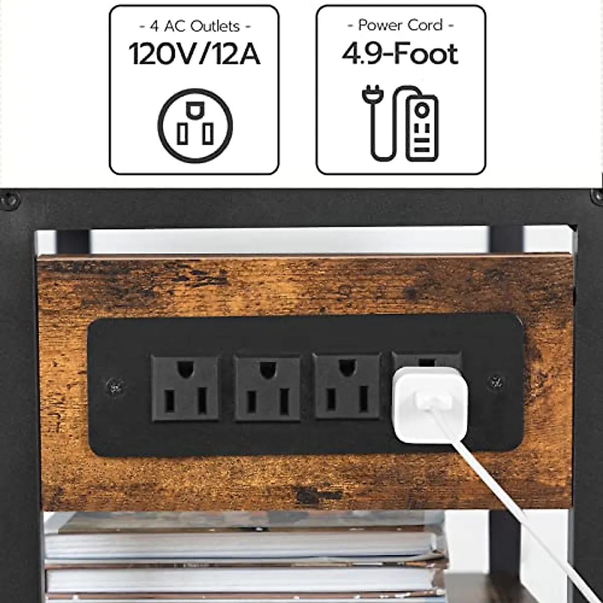 HOOBRO Industrial Printer Stand with Charging Station, 3-Tier Printer Table, Rolling Printer Cart with Adjustable Shelf and Hook, Rustic Brown and Black BF28UPS01