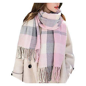 Wander Agio Women's Fashion Scarves Long Shawl Winter Thick Warm Knit Large Plaid Scarf Pink Grey 2