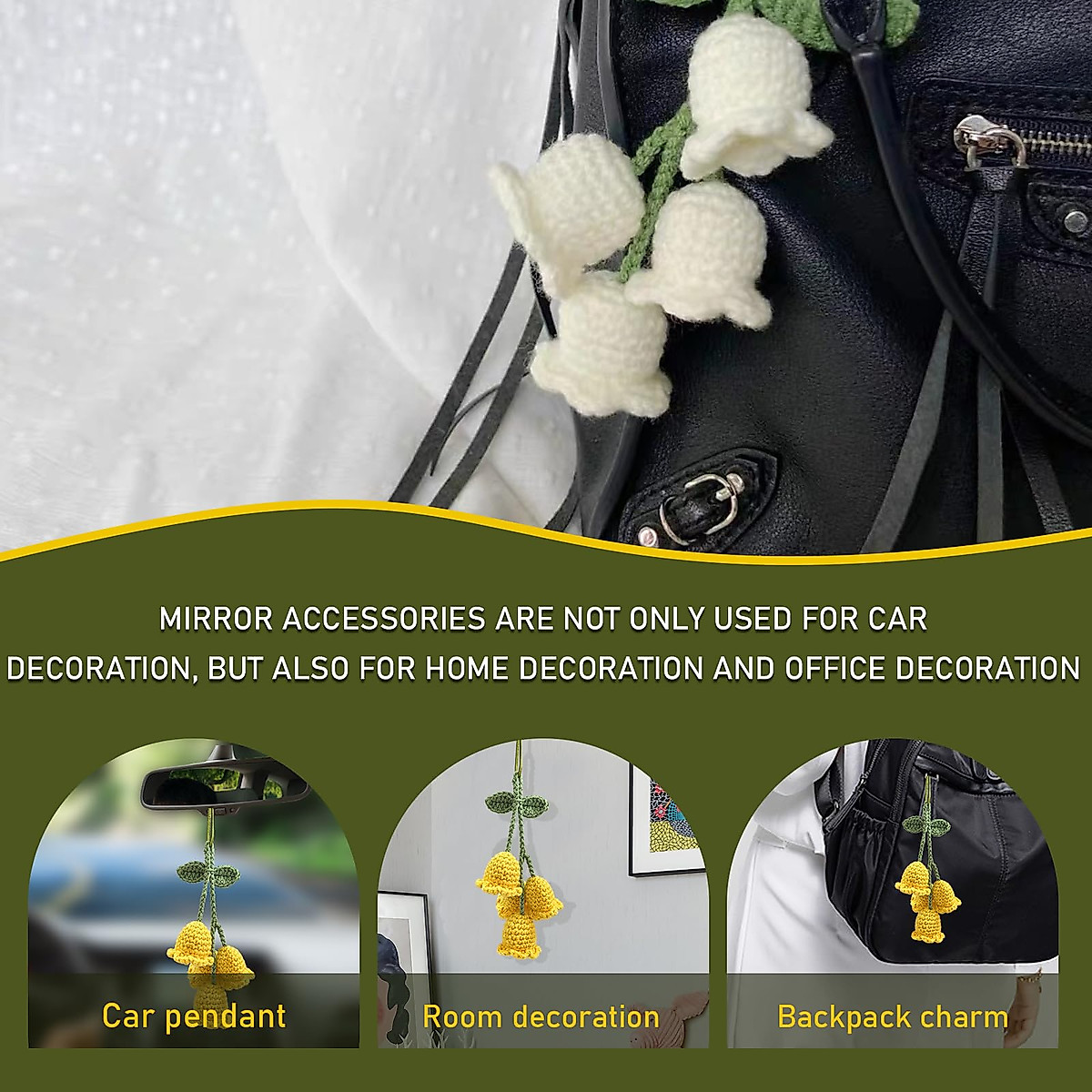 Kewucn Car Mirror Hanging Accessories, Bellflower Hand Knitted Auto Pendant, Vehicle Rear View Mirror Hanging Ornament Decoration, Suitable for Car, Handbag, Backpacks, Keychain (Yellow)