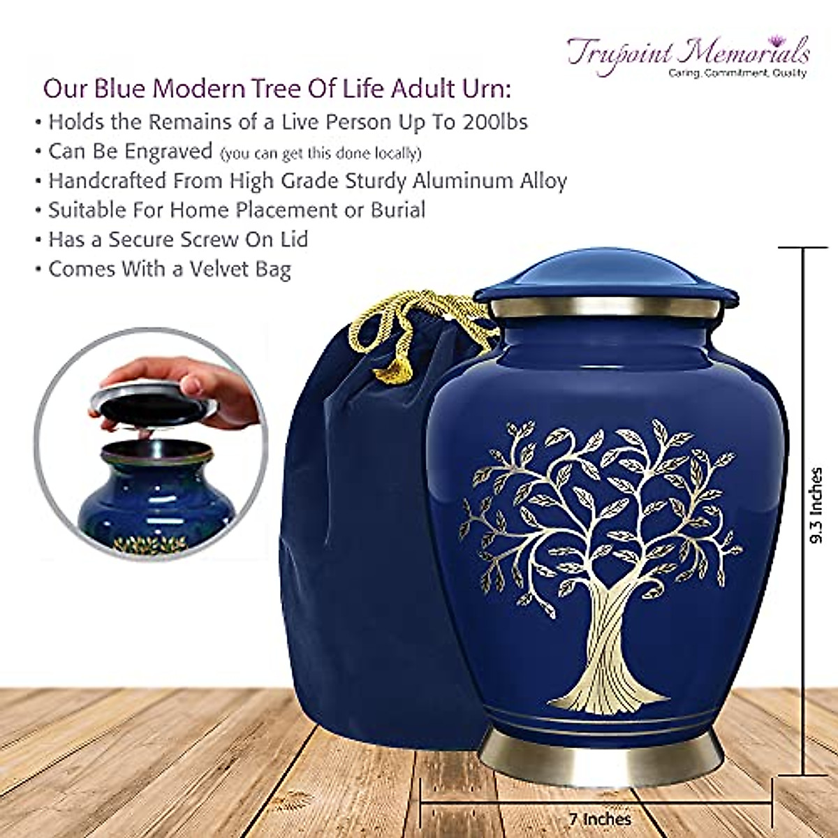 Trupoint Memorials Cremation Urns for Human Ashes - Decorative Urns, Urns for Human Ashes Female & Male, Urns for Ashes Adult Female, Funeral Urns - Blue, Large