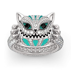 Jeulia 4.08 Carat Cheshire Cat Rings for Women Sterling Silver Enamel Rings Handmade White Diamond Animal Rings Bridal Set Wedding Engagement Anniversary Promise