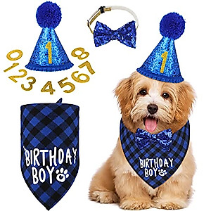 Dog Birthday Party Supplies Birthday Boy Girl Cake Bandana Triangle Scarf Clothes Shirt Cute Hat, Bow Tie Collar with 0-8 Numbers for Dog Puppy 1st Birthday Outfit (Elegant Style)