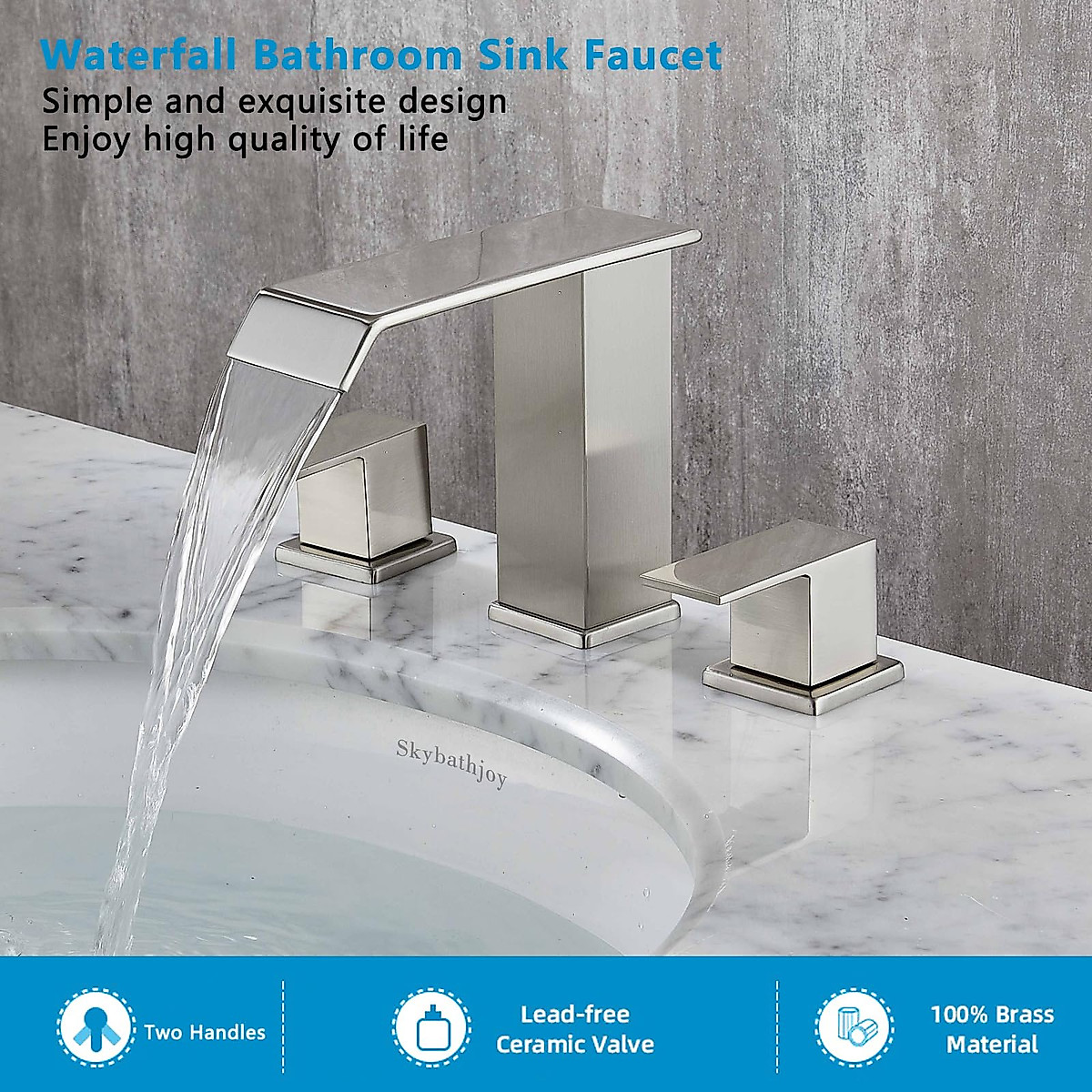 Skybathjoy Bathroom Faucet 3 Holes 8 Inch Two Handles Lavatory Vanity Sink Faucet Widespread Bathroom Sink Faucet, Waterfall Bathroom Sink Faucet with Pop up Drain&Supply Hoses