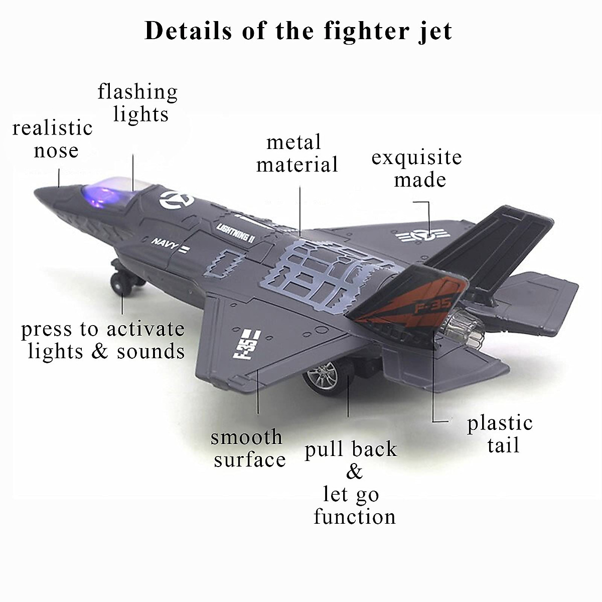 OTONOPI Fighter Jet Military Plane Model F-35 Aircraft Army Air Force Diecast Metal Pull Back Bomber Attack Plane with Lights and Sounds for Kids or Commemorate Collection