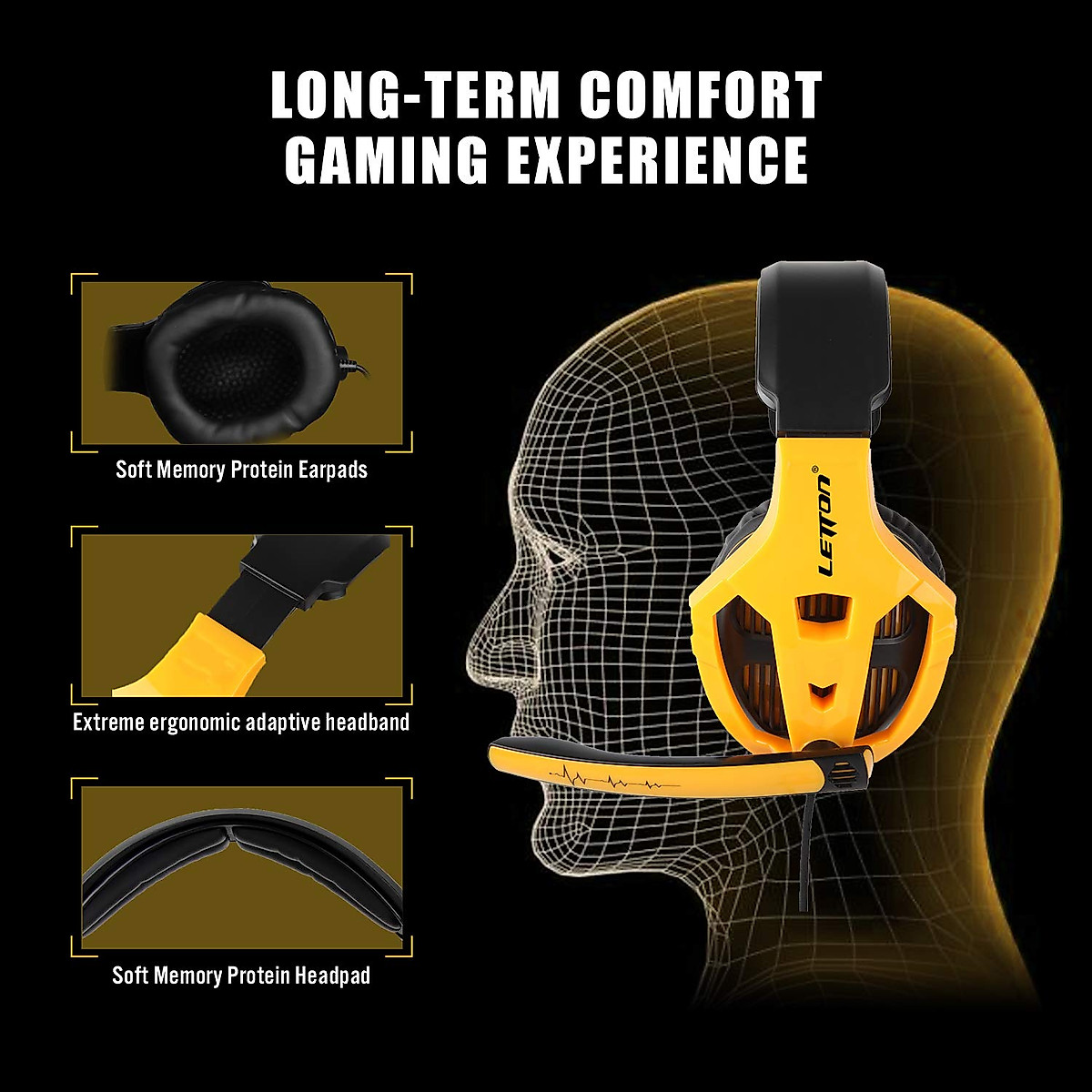LETTON Gaming Headset L7 Updated 3.5mm Multi-Platform Stereo Sound PC, Over-Ear Gaming Headphones with Mic Compatible with New Xbox one PS4 PC Laptop Mac iPad iPod(Black&Yellow)