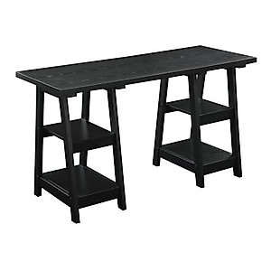 Convenience Concepts Designs2Go Double Trestle Desk with Shelves, Black