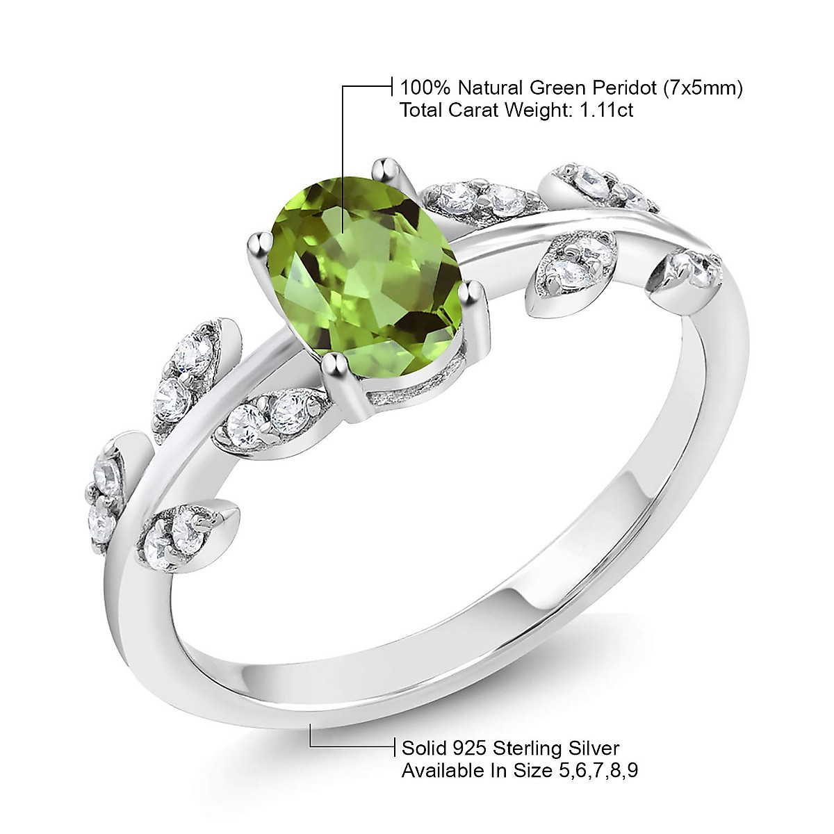 Gem Stone King 925 Sterling Silver 7X5MM Oval Gemstone Birthstone Twisted Olive Branch Leaf Vine Band Wedding Ring For Women | Available In Size 5, 6, 7, 8, 9