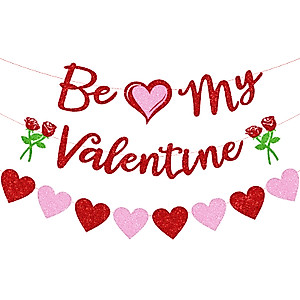 Valentines Day Banner-Be My Lover Valentines Banner Heart Garland Felt Rose Banner Hanging Garland NO DIY for Valentines Decorations, Anniversary, Mantle, Room Decor (Red, Pink)