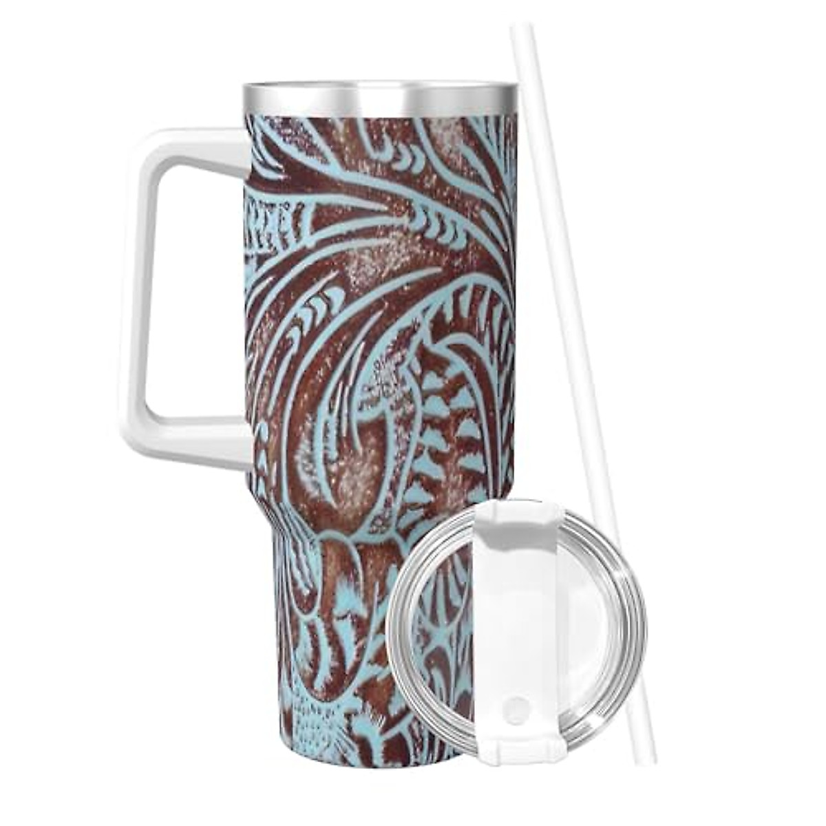 Xiexide 40oz Stainless Steel Hiking Rustic Western Country Turquoisen Cowboy Tooled Leather Double Walled Vacuum Insulatedith Handle And Straw,Hot & Cold Drinks