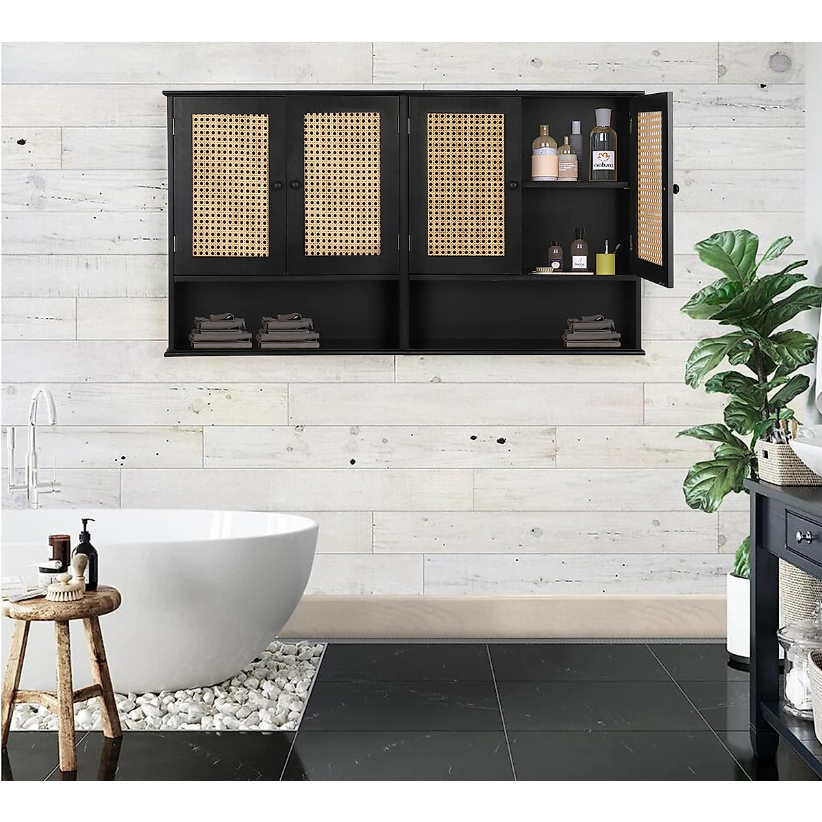 Bathroom Medicine Cabinet Wall Mounted,Black Rattan Storage Cabinet,Towel Cabinet for Bathroom Storage Over the Toilet,Floating Cabinet for Small Spaces,Hanging Cabinet for Kitchen Laundry Living Room