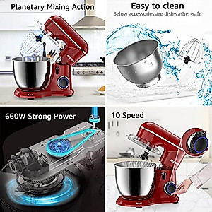 AILESSOM 3-IN-1 Electric Stand Mixer, 660W 10-Speed With Pulse Button, Attachments include 6.5QT Bowl, Dough Hook, Beater, Whisk for Most Home Cooks, Empire Red