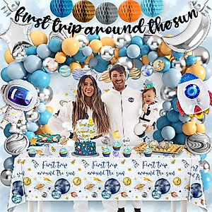 First Trip Around The Sun Birthday Party Decoration Pack, 1st Baby Shower Space Birthday Party Supplies Including Banner, Backdrop, Garland, Tablecloth, Felt Hat, Honeycomb, Cake Toppers, Latex and