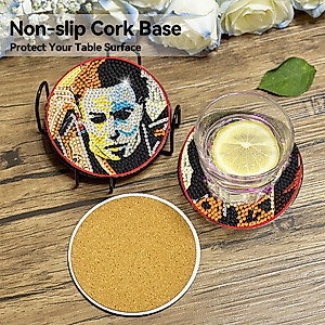 HESZYQ Diamond Paintings Coasters Kits with Holder,8 Pcs DIY Halloween Diamond Art Coaster,Full Drill Rhinestone Painting Kits for Adults & Kids,Beginners Art Craft Supplie