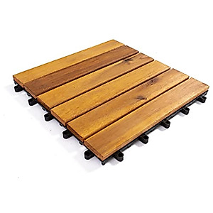 YAMAZING 12”x12” Solid Wood Interlocking Flooring Tiles (Pack of 9), Acacia Hardwood Deck Tiles, Floor Tile for Both Indoor & Outdoor Use, Patio Garden, Waterproof All Weather, 6 Slat (9 Sq Ft)