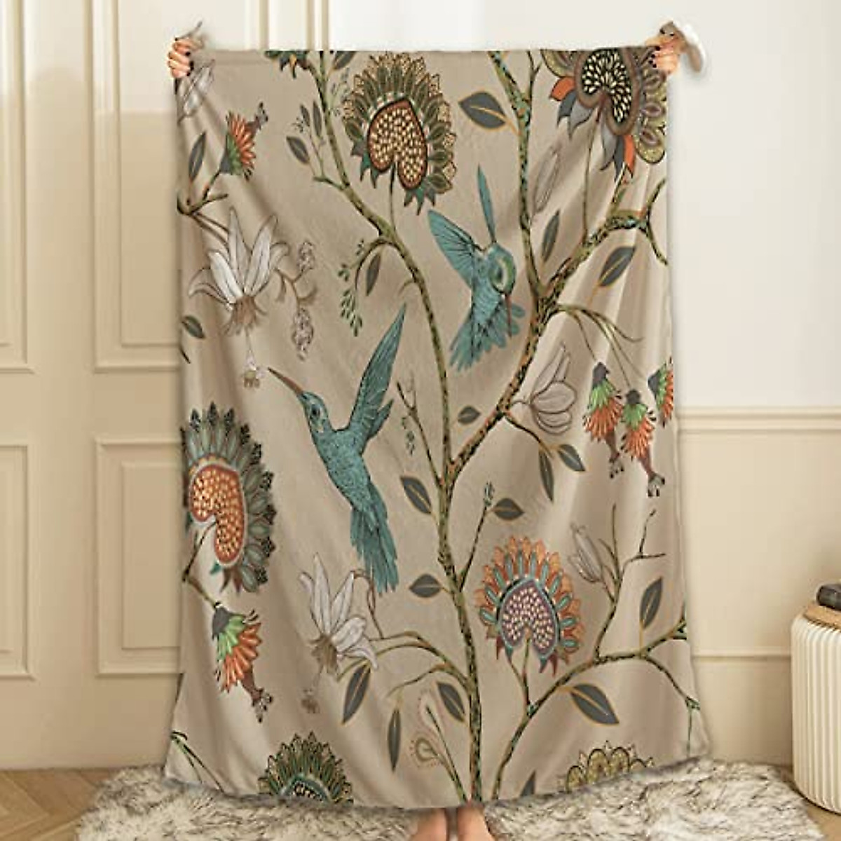 ARTBLANKET Stylized Flowers and Hummingbird Throw Blanket Fannel Fleece Super Soft Funny Blanket Travel Throw Blanket for Bed Couch Sofa 80 x 60 Inch for Adult