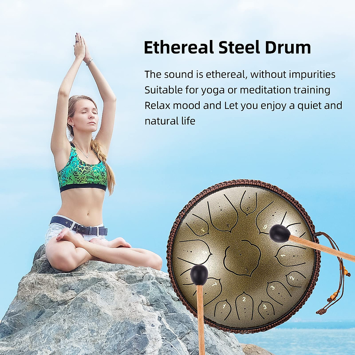 Steel Tongue Drum,Premium 14 Inch 15 Notes D Minor Hand Steel Drum,Adult's Steel Drum instrument,Clean Clear Ethereal Sounds,Oil Brown