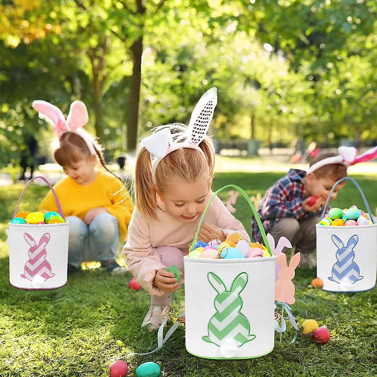 AOUTACC 3 Pack Easter Bunny Baskets, Easter Egg Hunt Bunny Bags Little Baskets with Fluffy Tail Canvas Cotton Rabbit Handbag Bucket Tote Bag for Kids Girls (Style 3,Pink + Green + Blue)