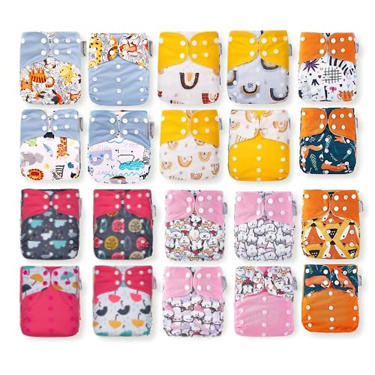 KaWaii Baby One Size Printed Snap Cloth Diaper, Leakproof Washable Reusable Newborn to Toddler Unisex Pack of 20