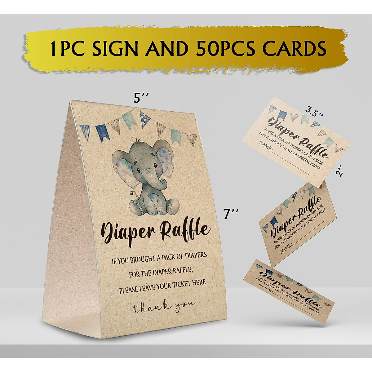 Kraft Paper Diaper Raffle Sign,Diaper Raffle Baby Shower Game Kit (1 Standing Sign + 50 Guessing Cards),Elephant Bunting Raffle Insert Ticket,Baby Showers Decorations-NPZ04